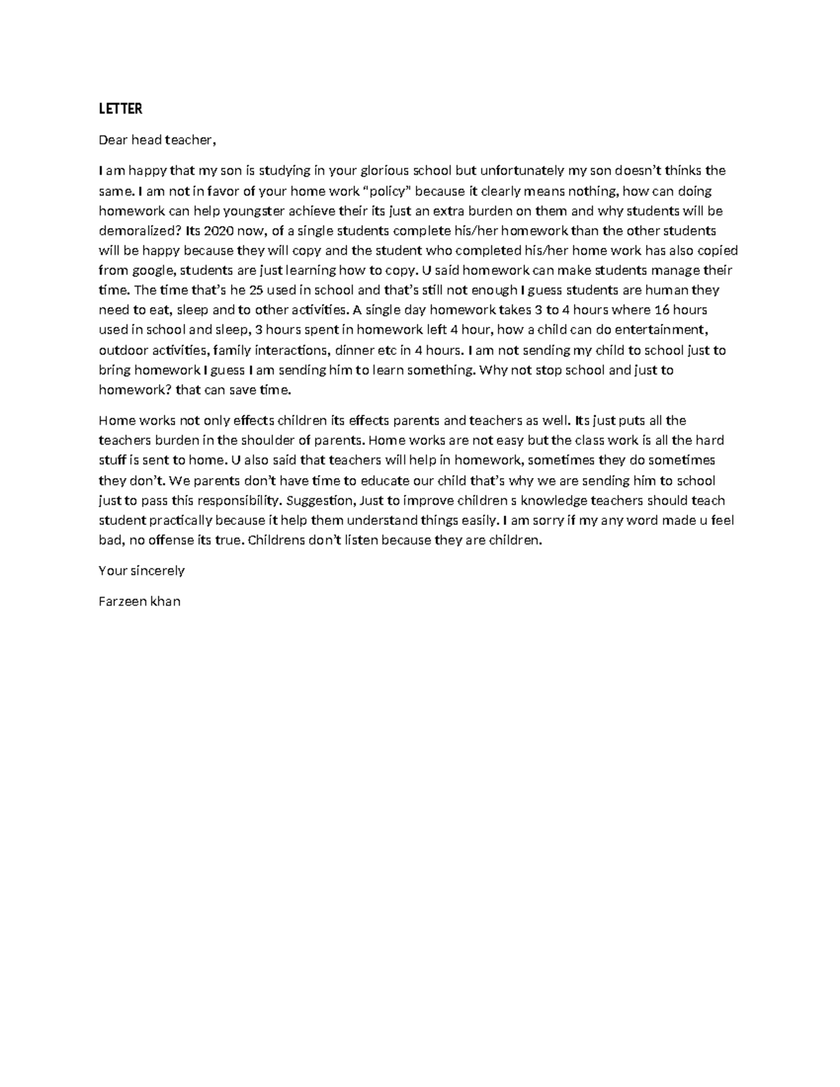 Letter - Umm - LETTER Dear head teacher, I am happy that my son is ...