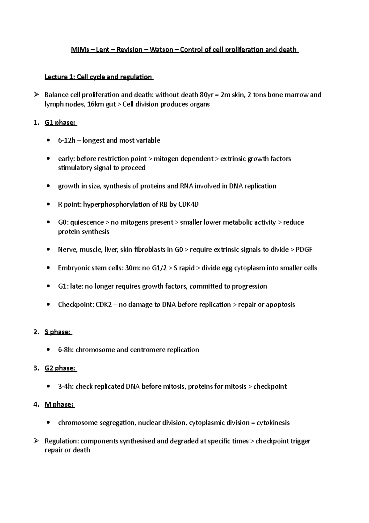 Control of cell proliferation and death - 1 - MIMs – Lent – Revision ...