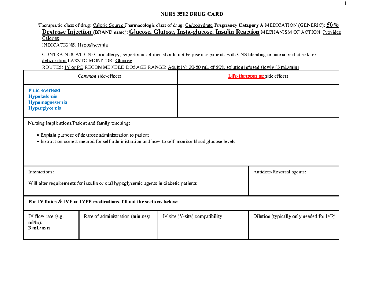 Full Set of Drug Cards for SIM Level 2 and 3-1 - NURS 3512 DRUG CARD ...