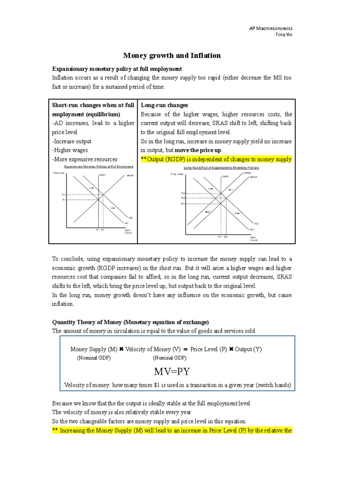 Money growth and Inflation - AP Macroeconomics Tina Yin Money growth ...