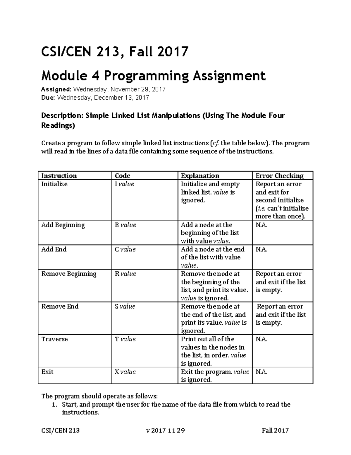 CSI 213 F17 M4 P1 2017 11 29 - CSI/CEN 213, Fall 2017 Module 4 Programming Assignment Assigned ...