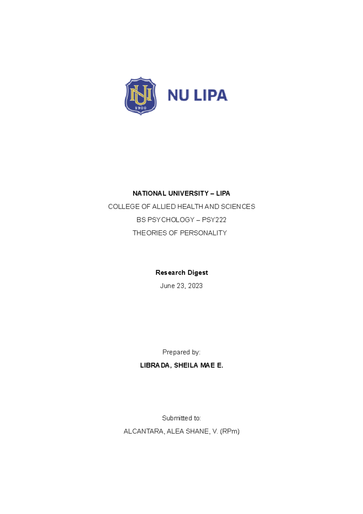 TOP Research Digest Librada-PSY222 - NATIONAL UNIVERSITY – LIPA COLLEGE ...