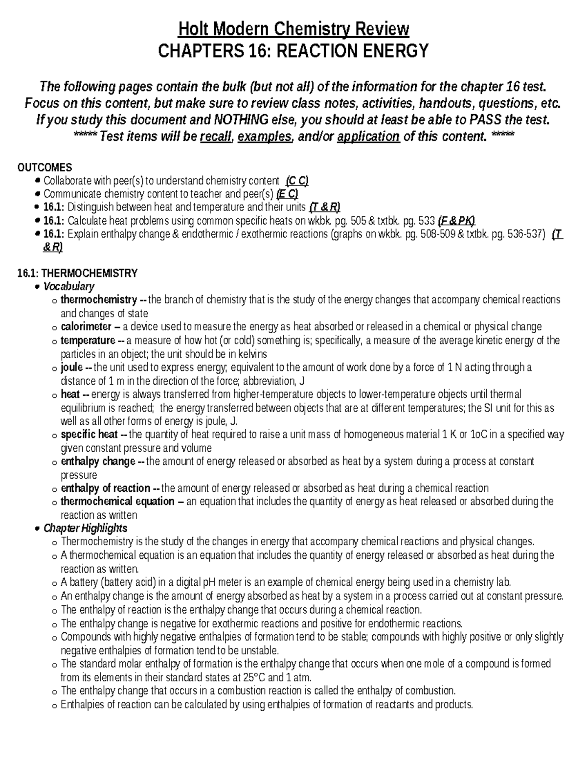 Chapters 16 Review - Holt Modern Chemistry Review CHAPTERS 16: REACTION ...