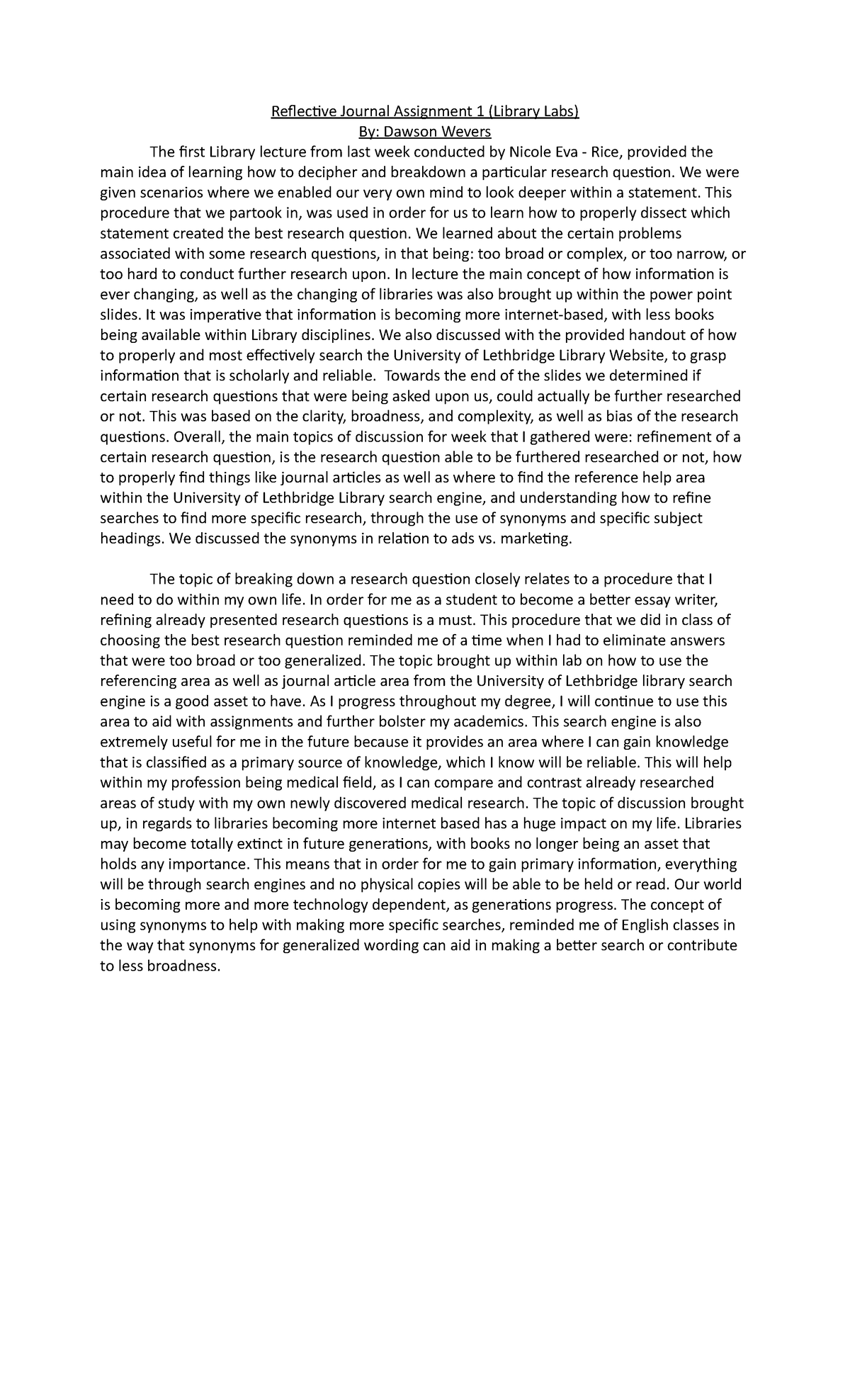 Reflective Journal Assignment 1 (Lib Ed) - Reflective Journal ...