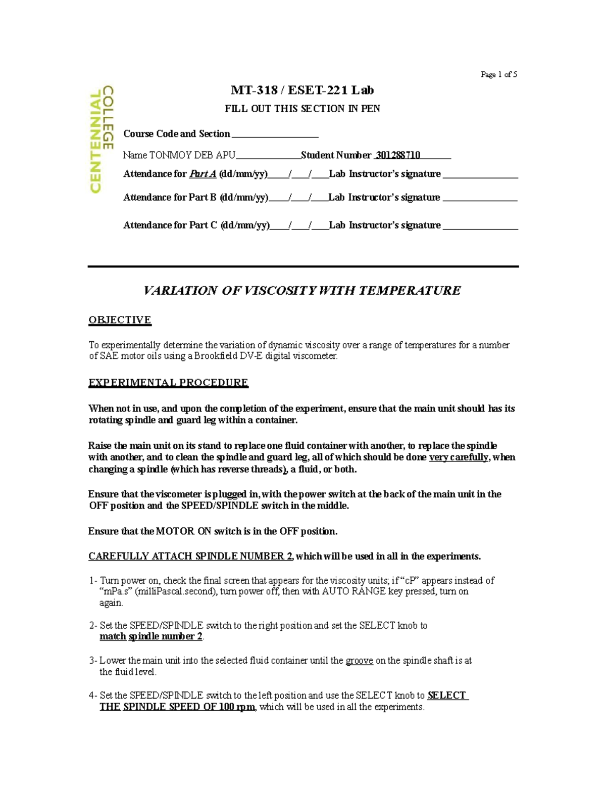 Fluid lab ESET-221 Lab 2 - Viscosity Experiments A, B and C - MT-318 ...