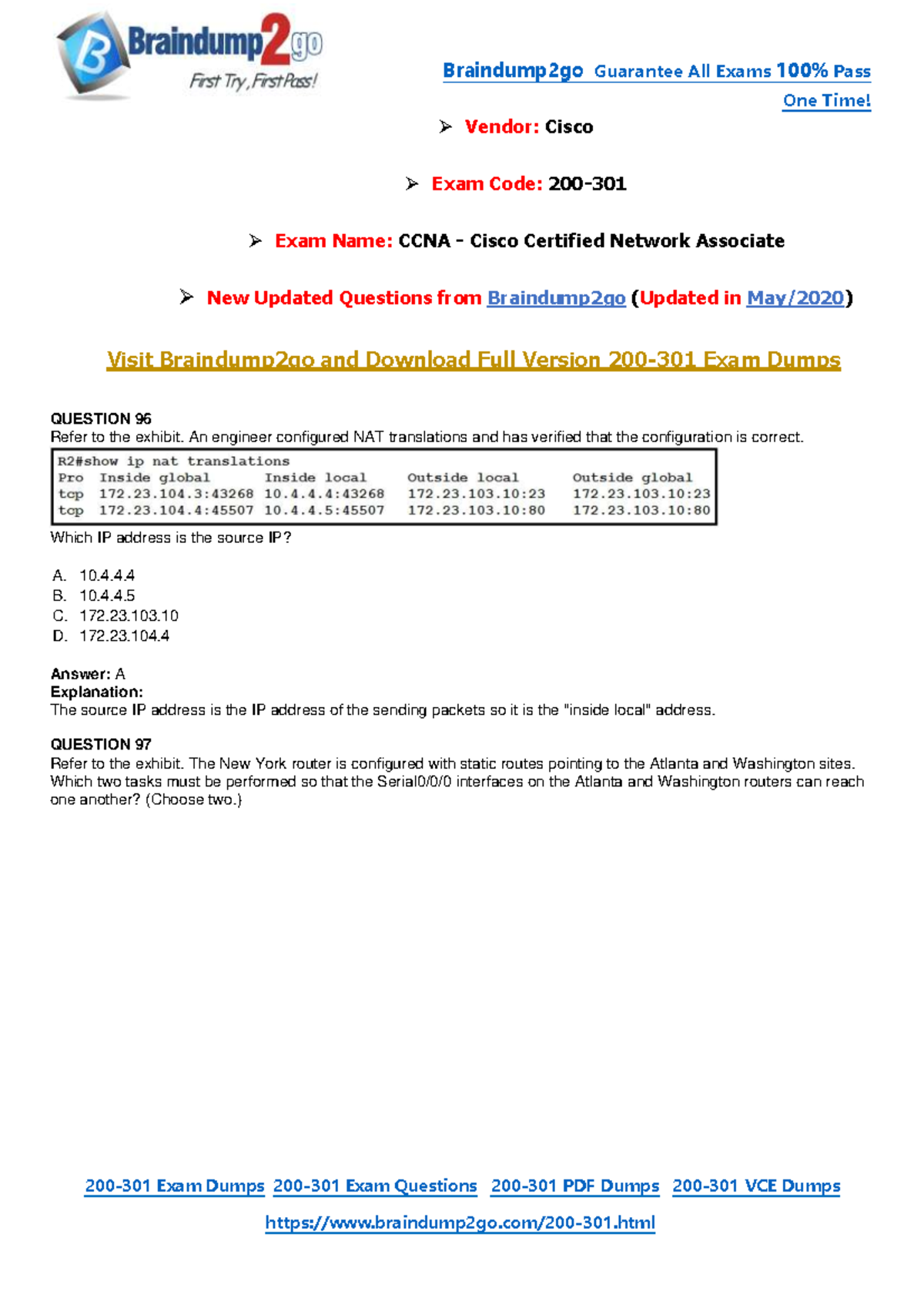 [May-2020]New Braindump 2go 200-301 PDF Dumps and 200-301 VCE Dumps(96 ...