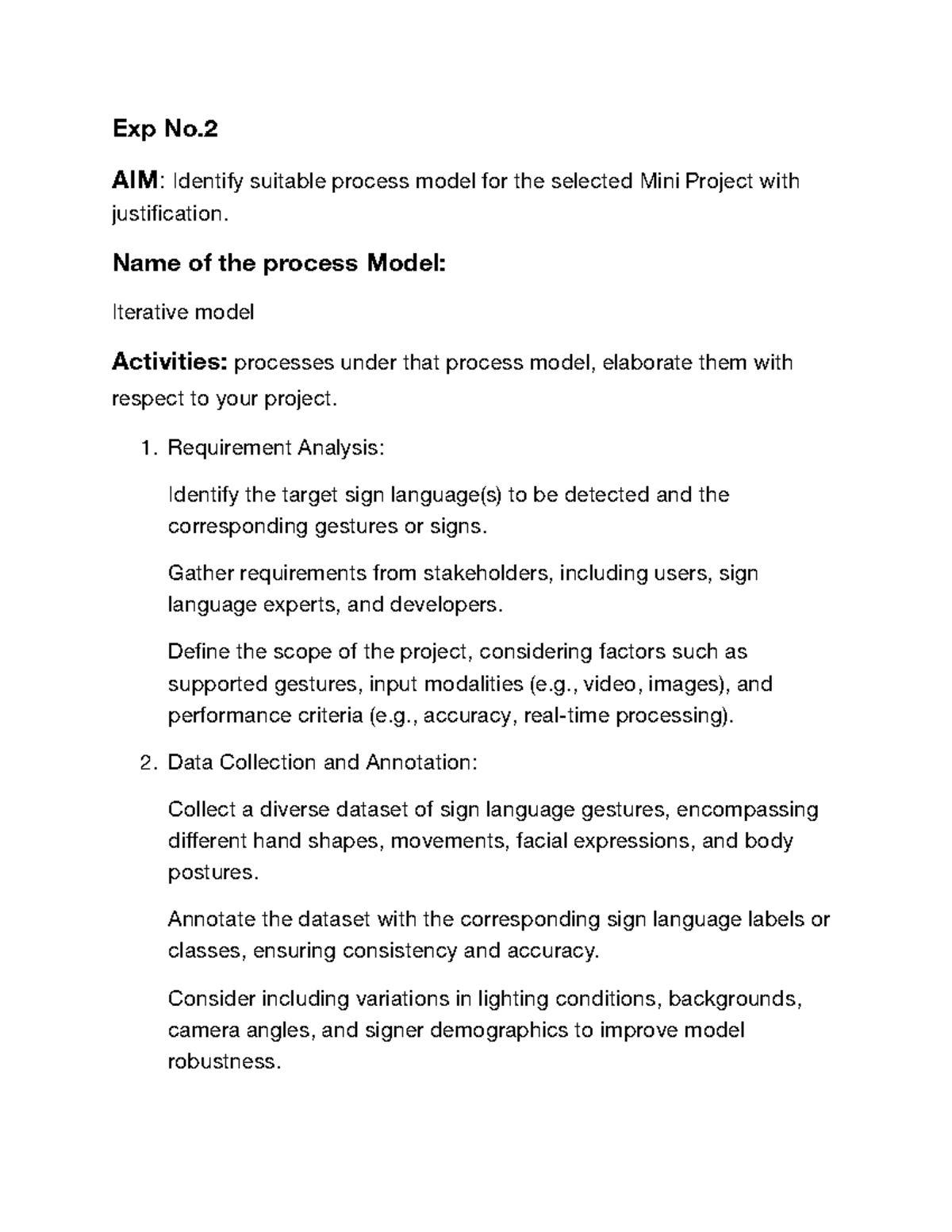 Exp No 2 - This is software engineering exp - Exp No. AIM: Identify suitable process model for ...