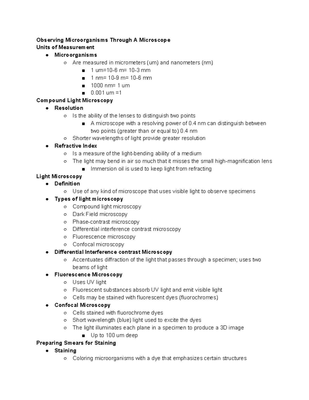 Microbiology Chapter 3 - Observing Microorganisms Through A Microscope Units of Measurement ...