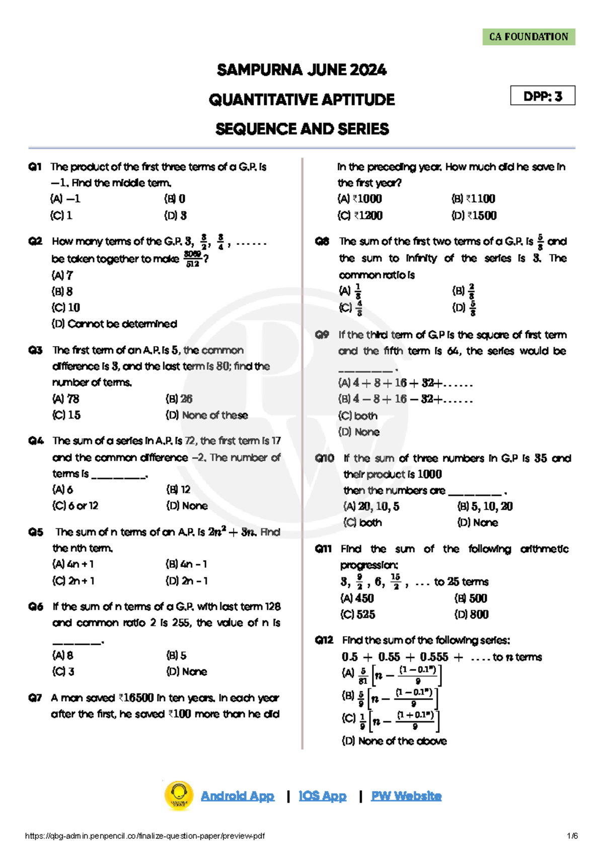 65d58abc2e90f500188 bc060 ## Sequence and Series DPP 03 ~ (Quantitative Aptitude) - Q 1 The ...