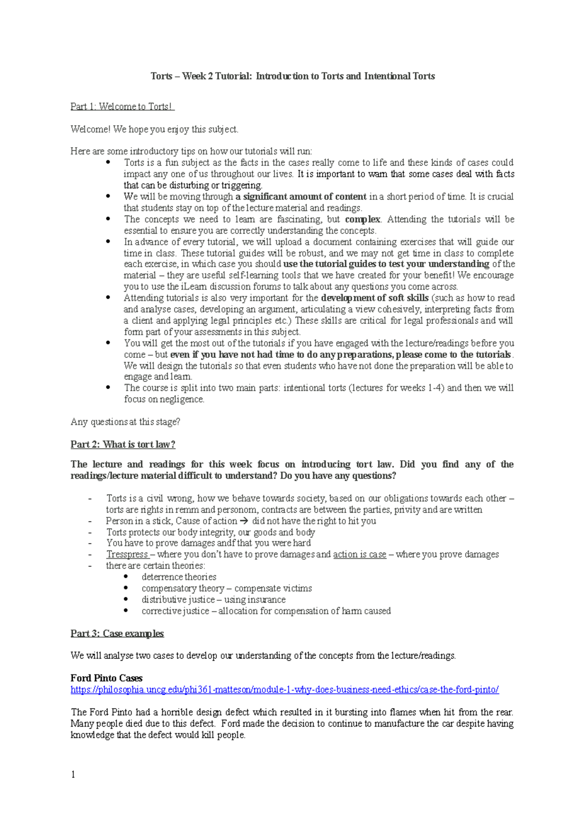 Week 2 tutorial - Torts – Week 2 Tutorial: Introduction to Torts and ...