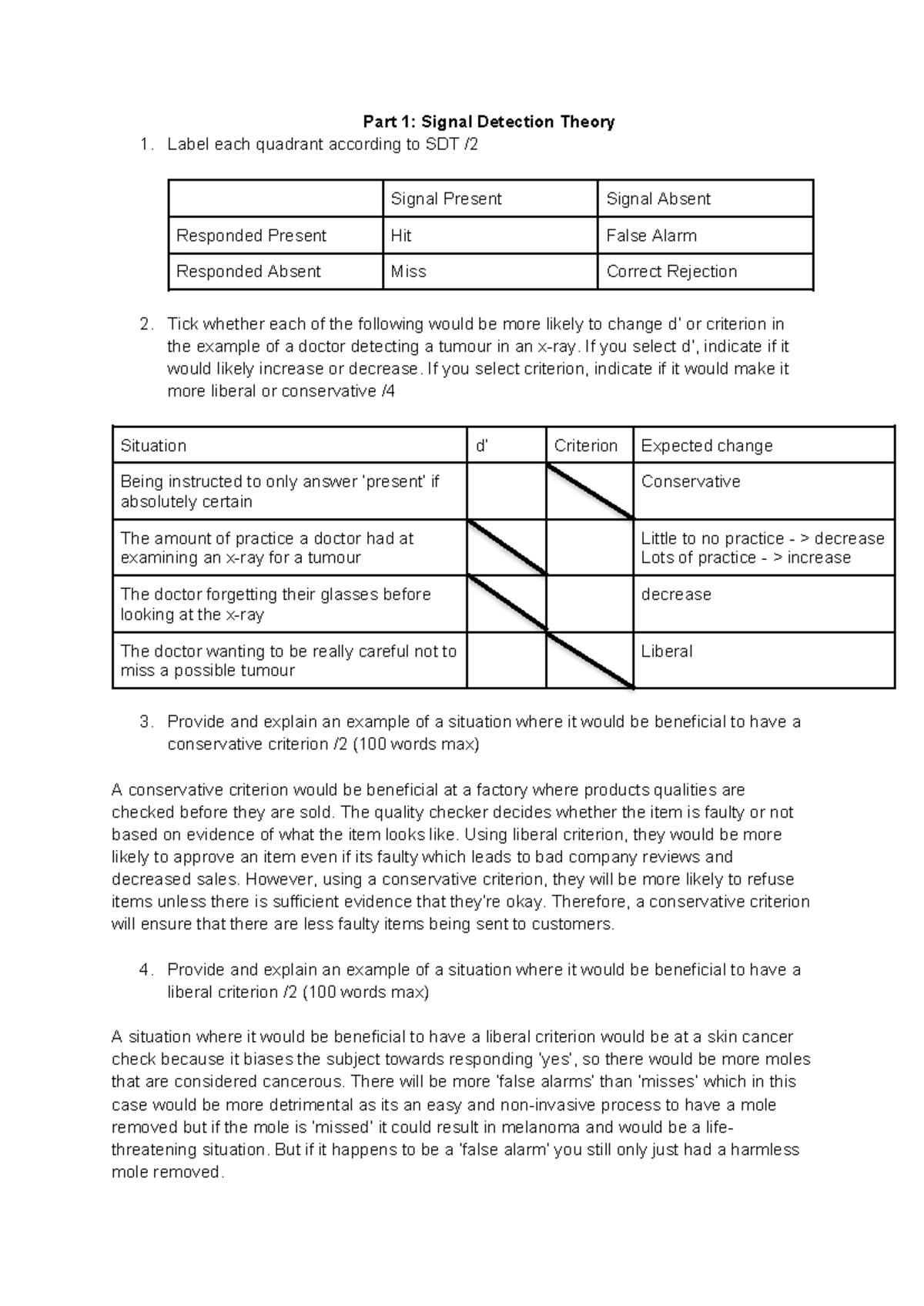 Assignment 1 Signal Detection Theory Part 1 Signal Detection Theory