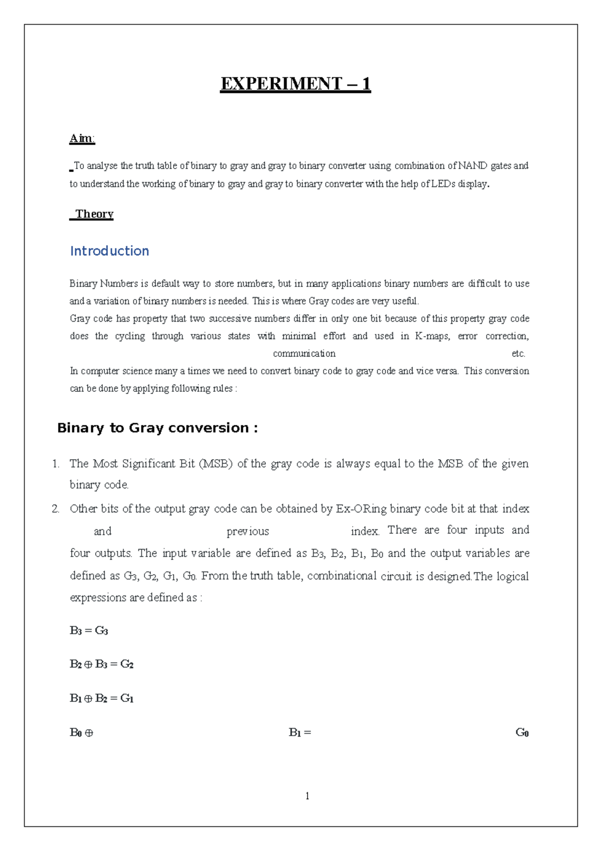 Coa Experiment - EXPERIMENT – 1 Aim: To analyse the truth table of binary to gray and gray to ...