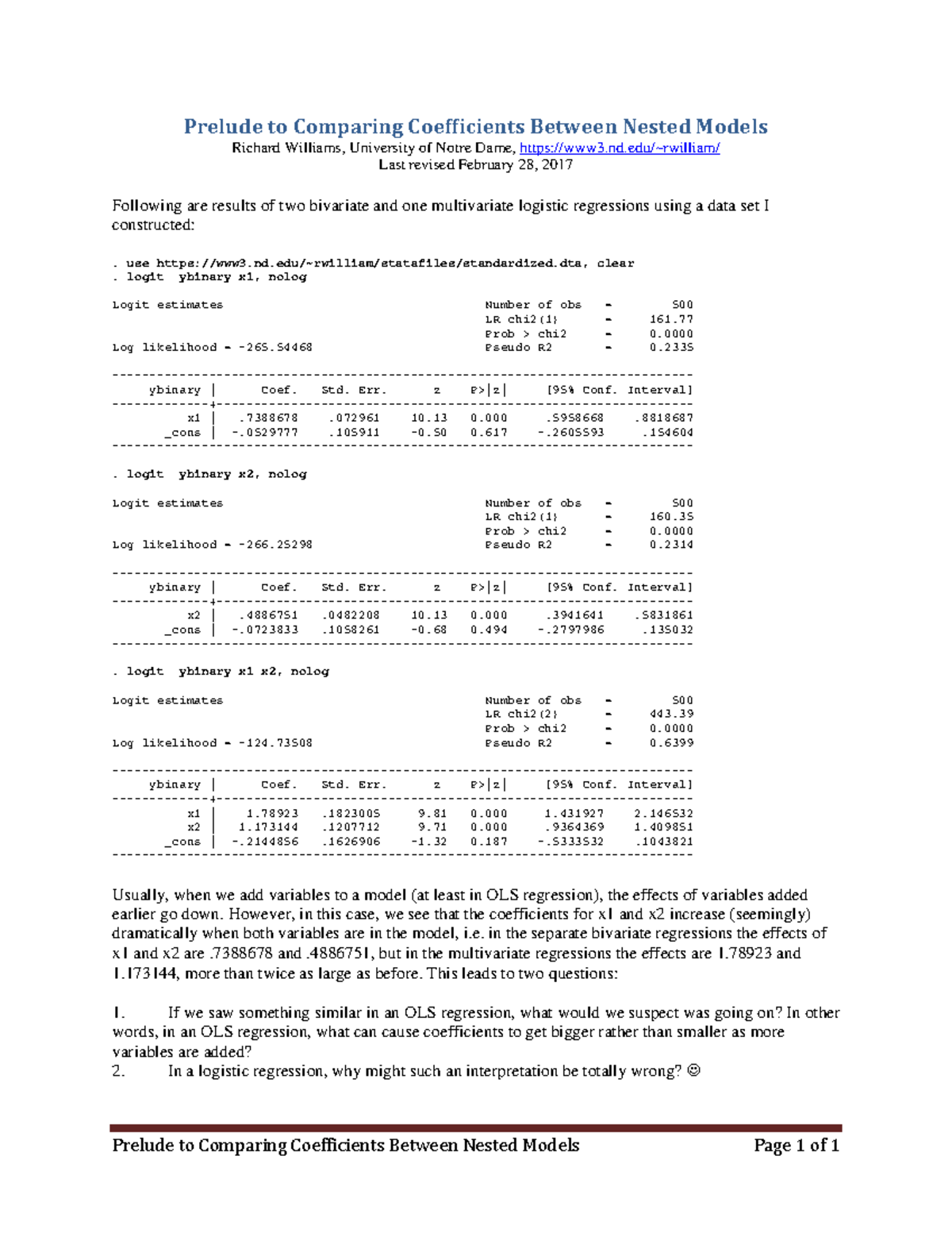 Prelude to Comparing Coefficients Between Nested Models - use - Studocu
