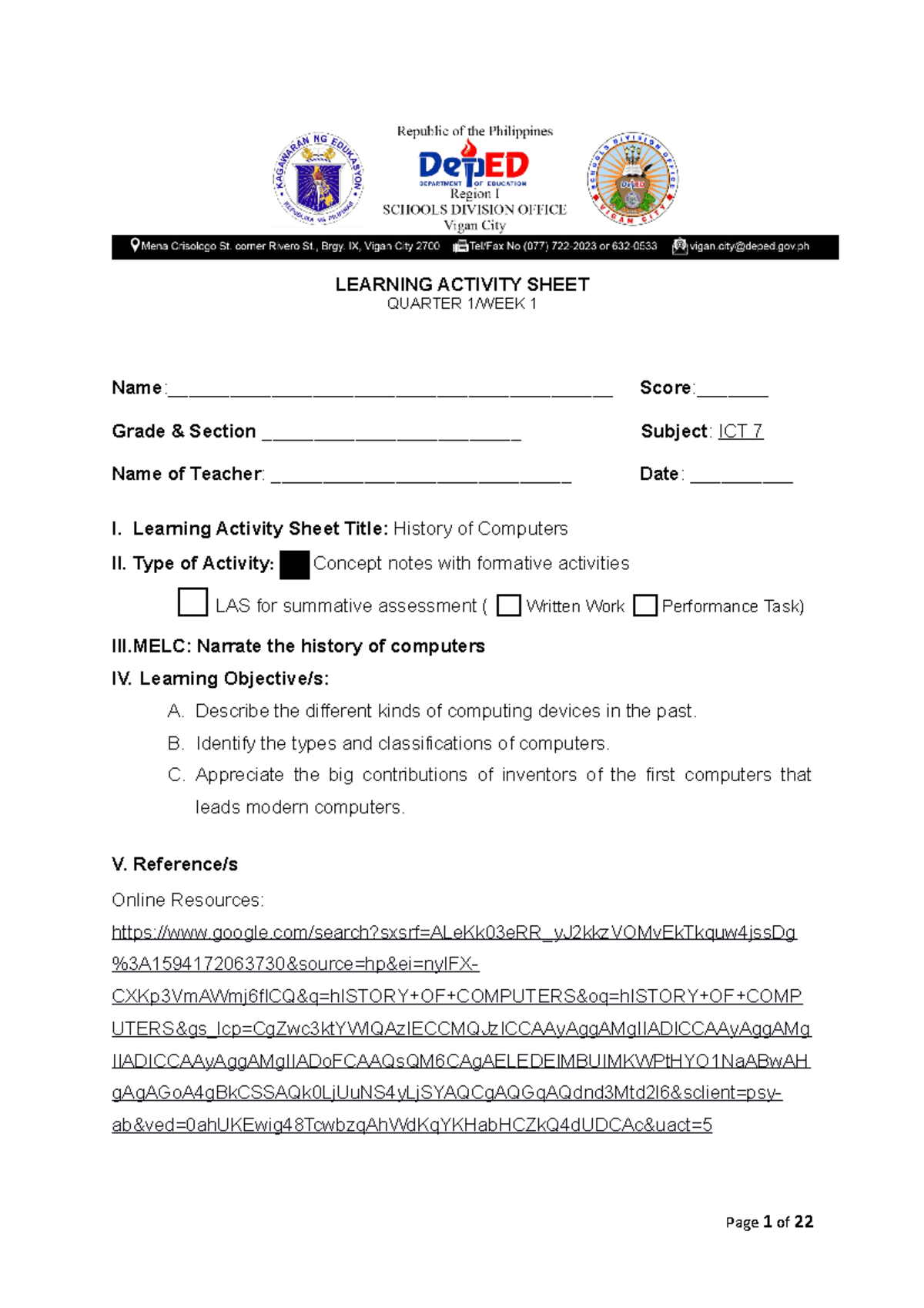 Remodelled LAS ICT 7 Q1 Weeek 1 ( Special Class) - LEARNING ACTIVITY SHEET QUARTER 1/WEEK 1 ...