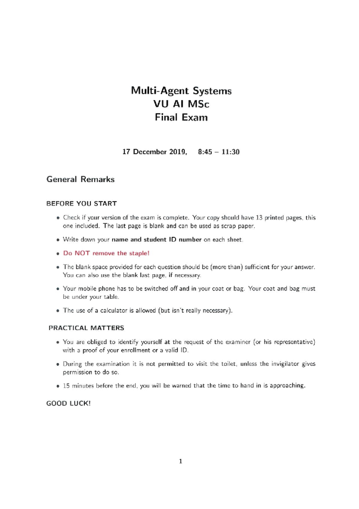 MAS exam 2019 Solutions - Multiagent systems - Studeersnel