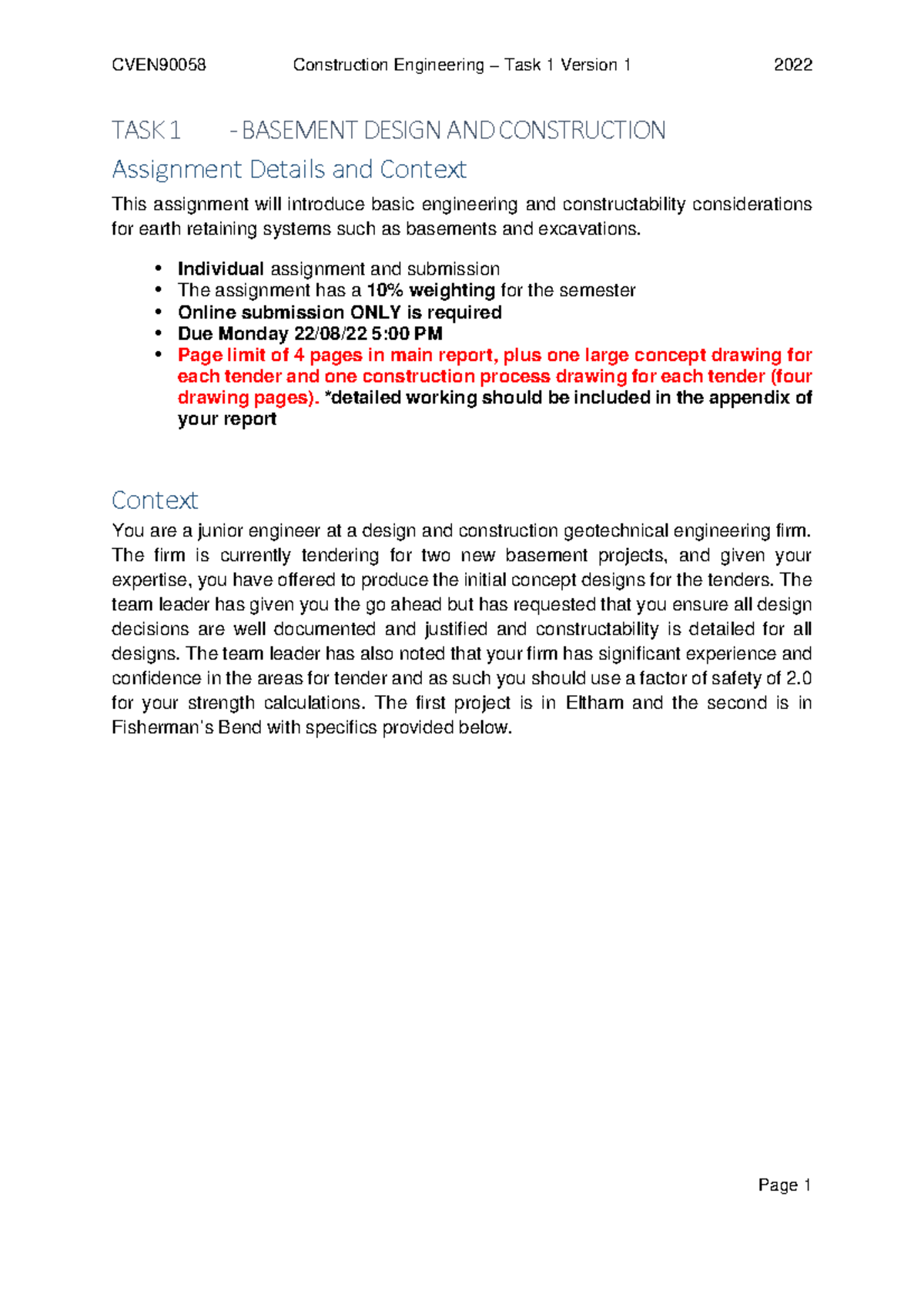 Task 1 - CVEN90058 2022 - TASK 1 - BASEMENT DESIGN AND CONSTRUCTION ...