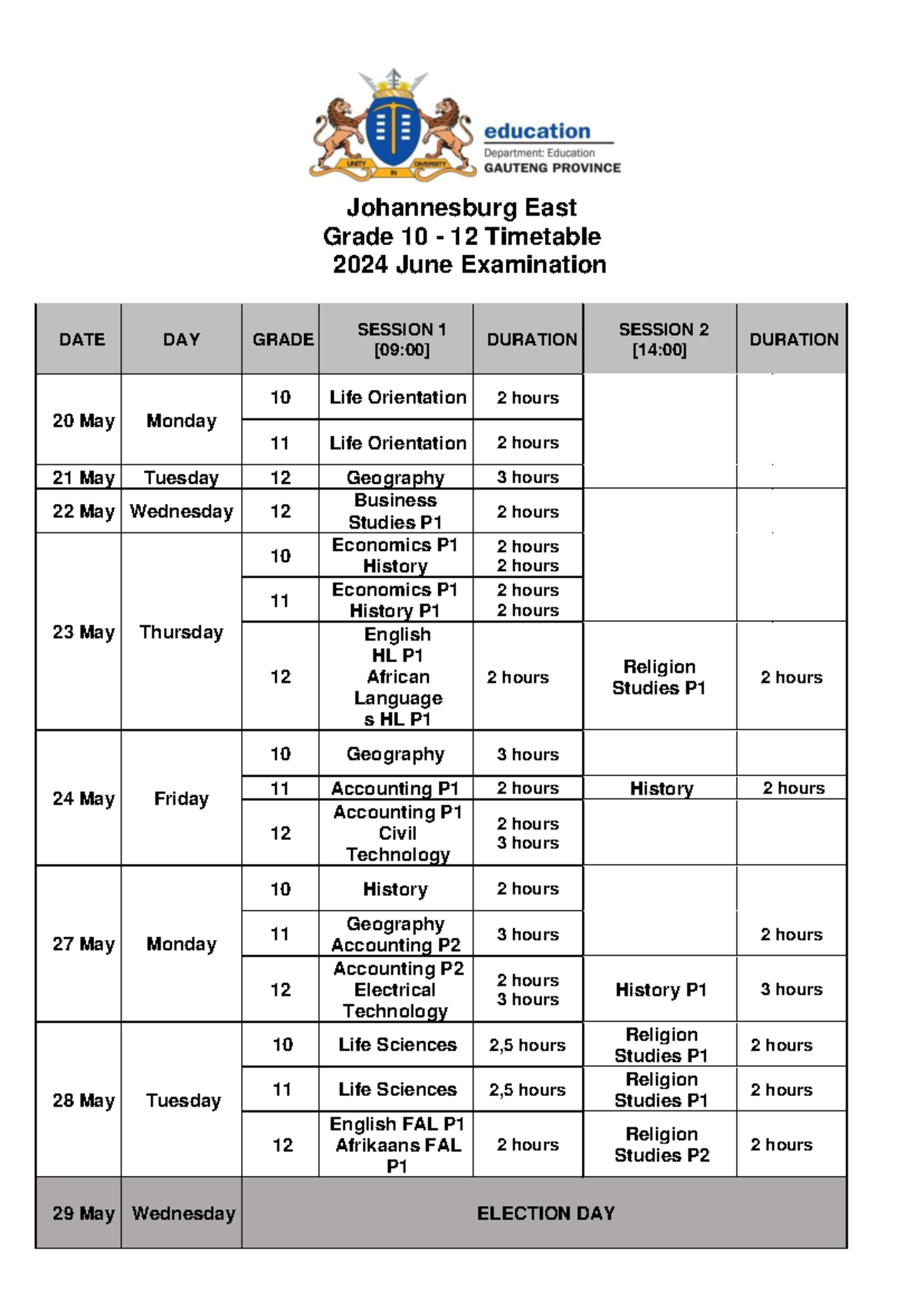 2024 June Common Examinations Timetable - Johannesburg East Grade 10 - 12 Timetable 2024 June ...