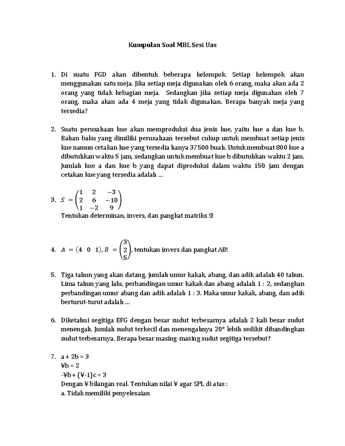 Kumpulan Soal MBL Sesi Uas - Setiap kelompok akan menggunakan satu meja. Jika setiap meja ...