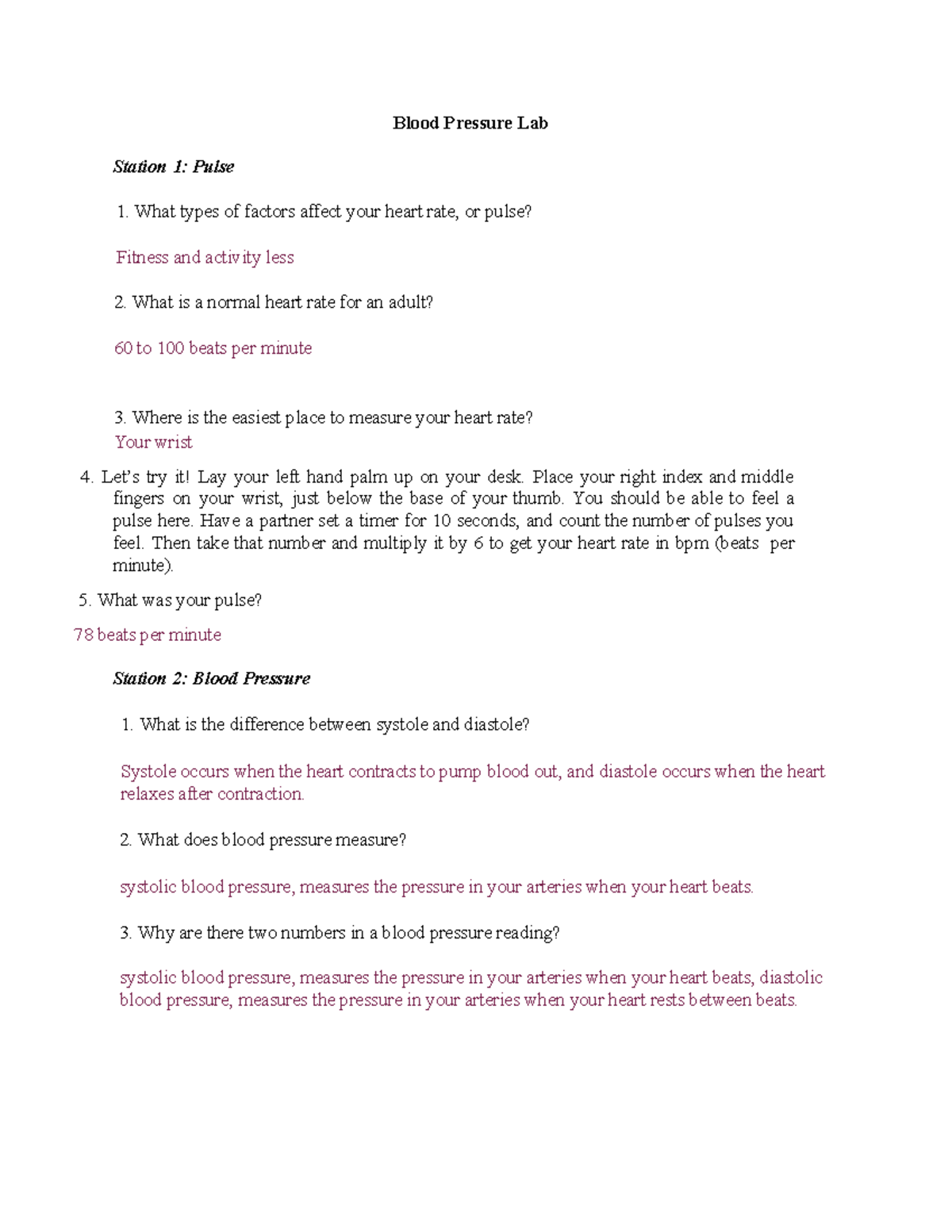 Blood Pressure Lab - Blood Pressure Lab Station 1: Pulse What types of ...