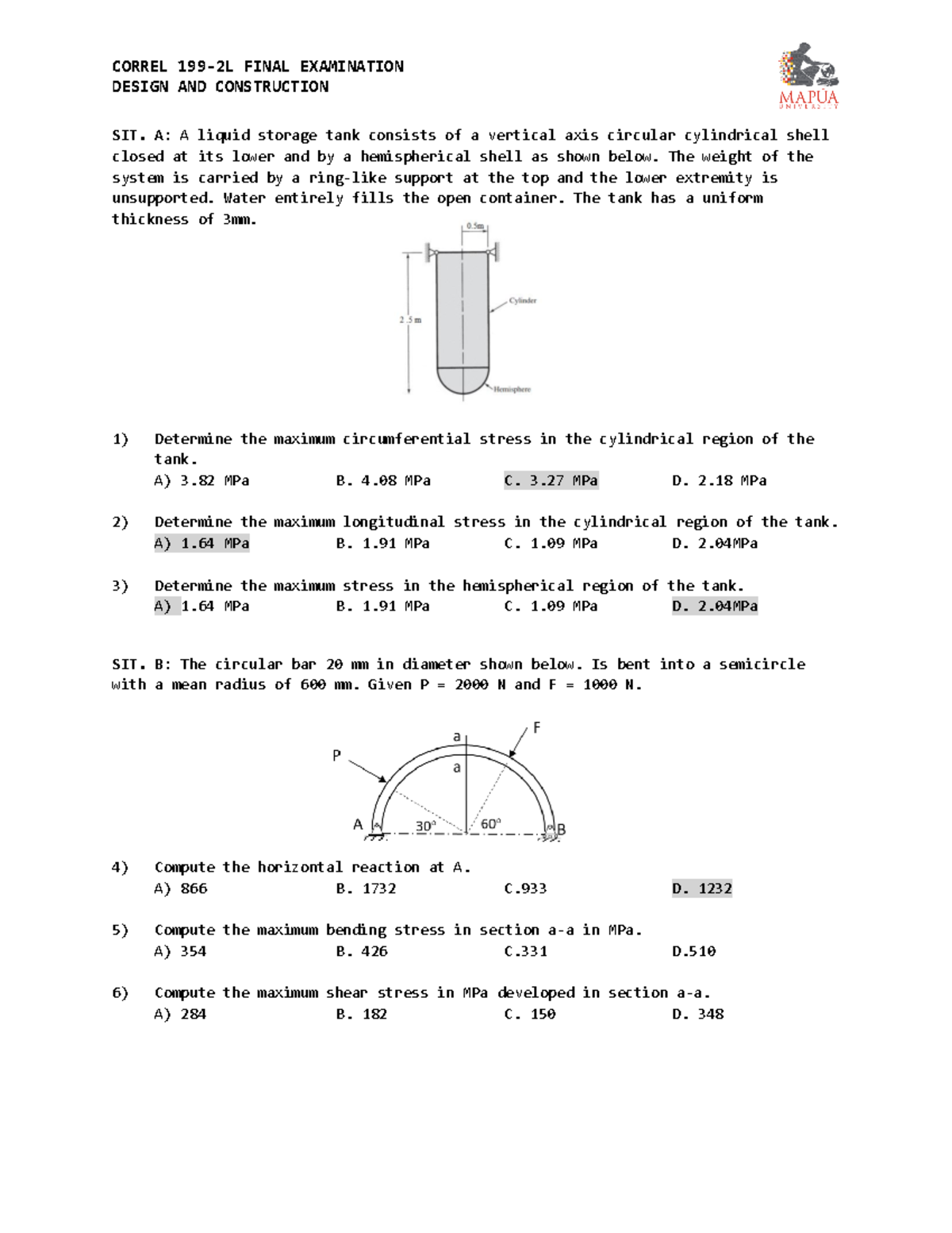 Strength of materials - DESIGN AND CONSTRUCTION SIT. A: A liquid ...