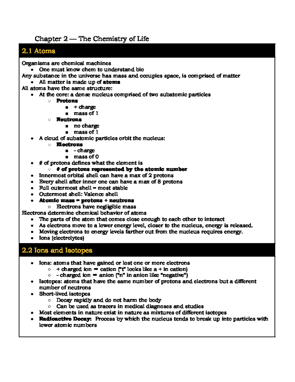 BIOL 100 Chapter 2 Notes - The Chemistry of Life - Chapter 2 — The ...