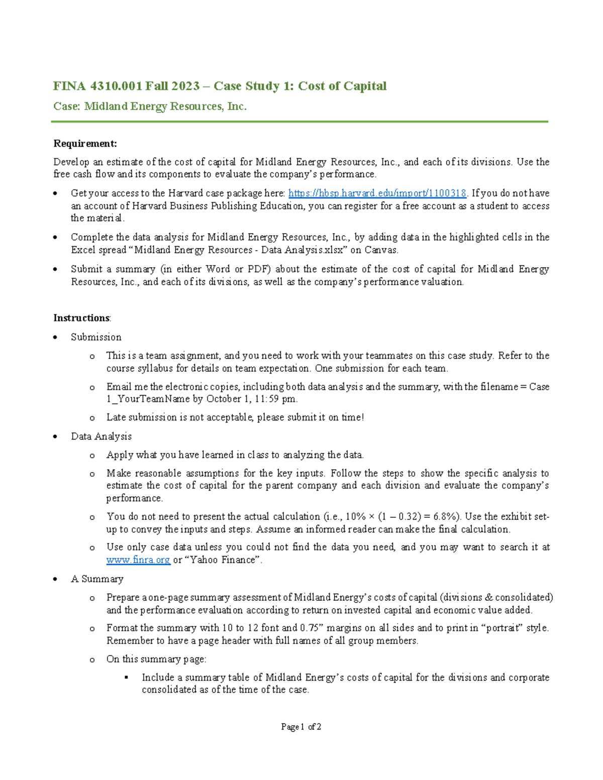 FINA 4310 - Case Study 1 - Midland - Page 1 of 2 FINA 4310 Fall 2023 ...