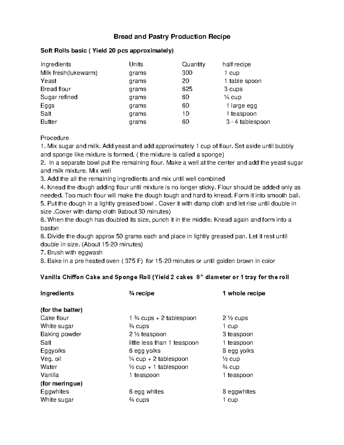 Recipe-FOR-BPP - bpp recipes - Bread and Pastry Production Recipe Soft ...