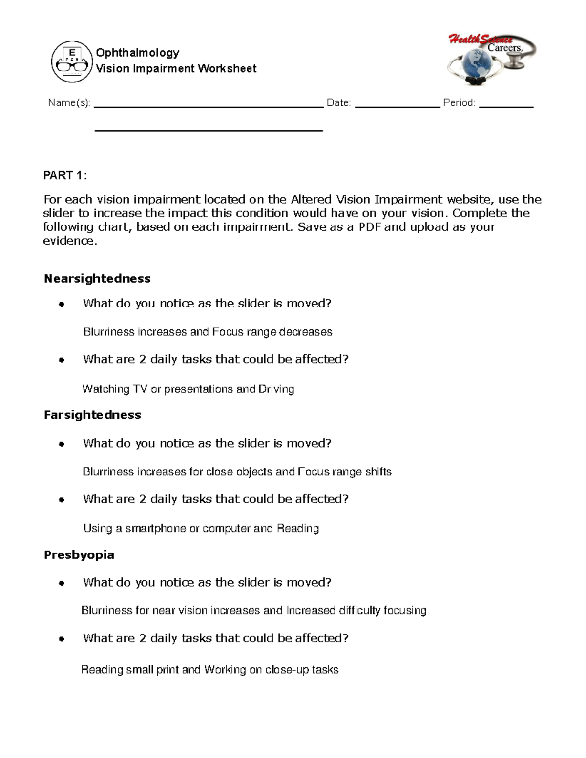 Opthalomology D7 Vision Impairment Worksheet - Ophthalmology Vision ...