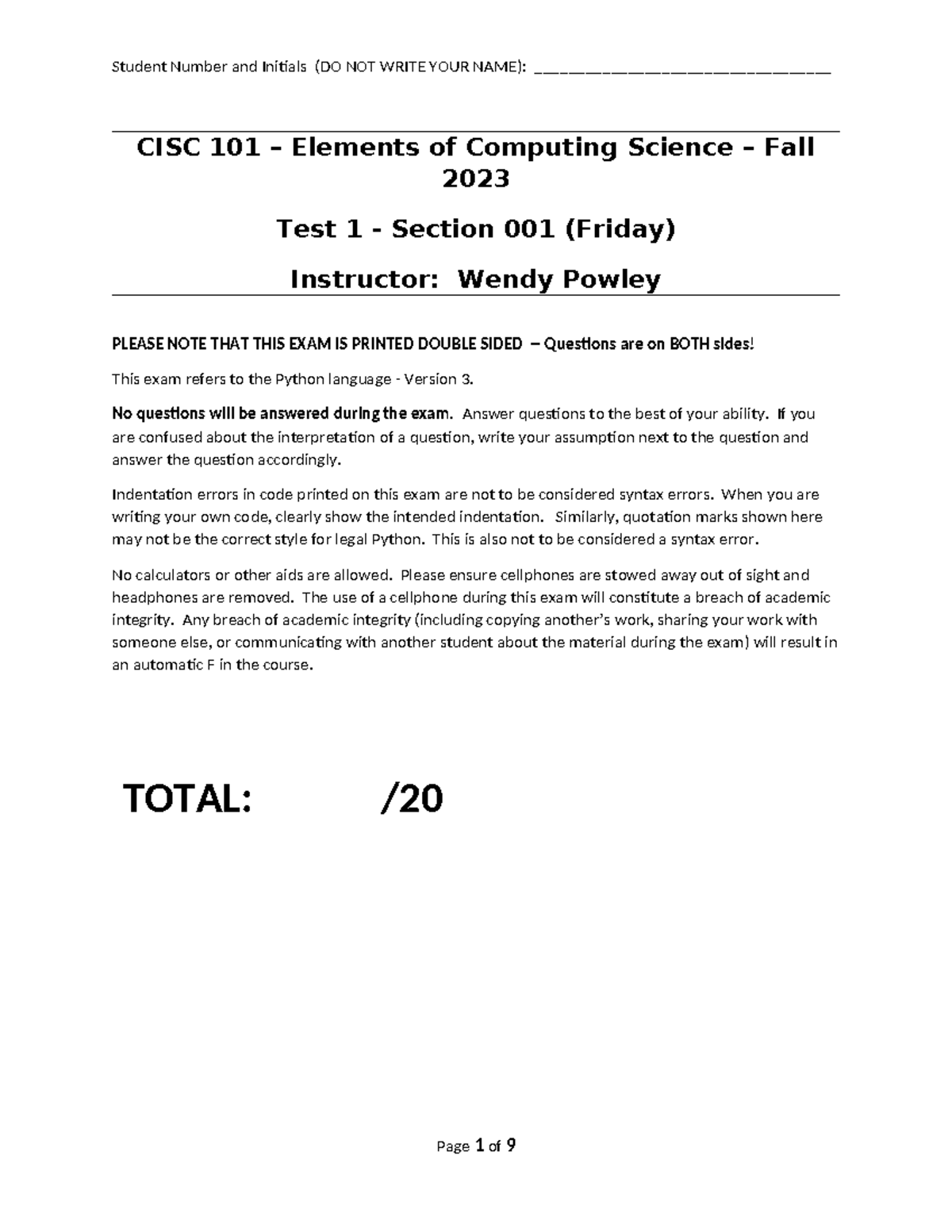 Test1-Section 001 - Friday - with answers - Student Number and Initials ...