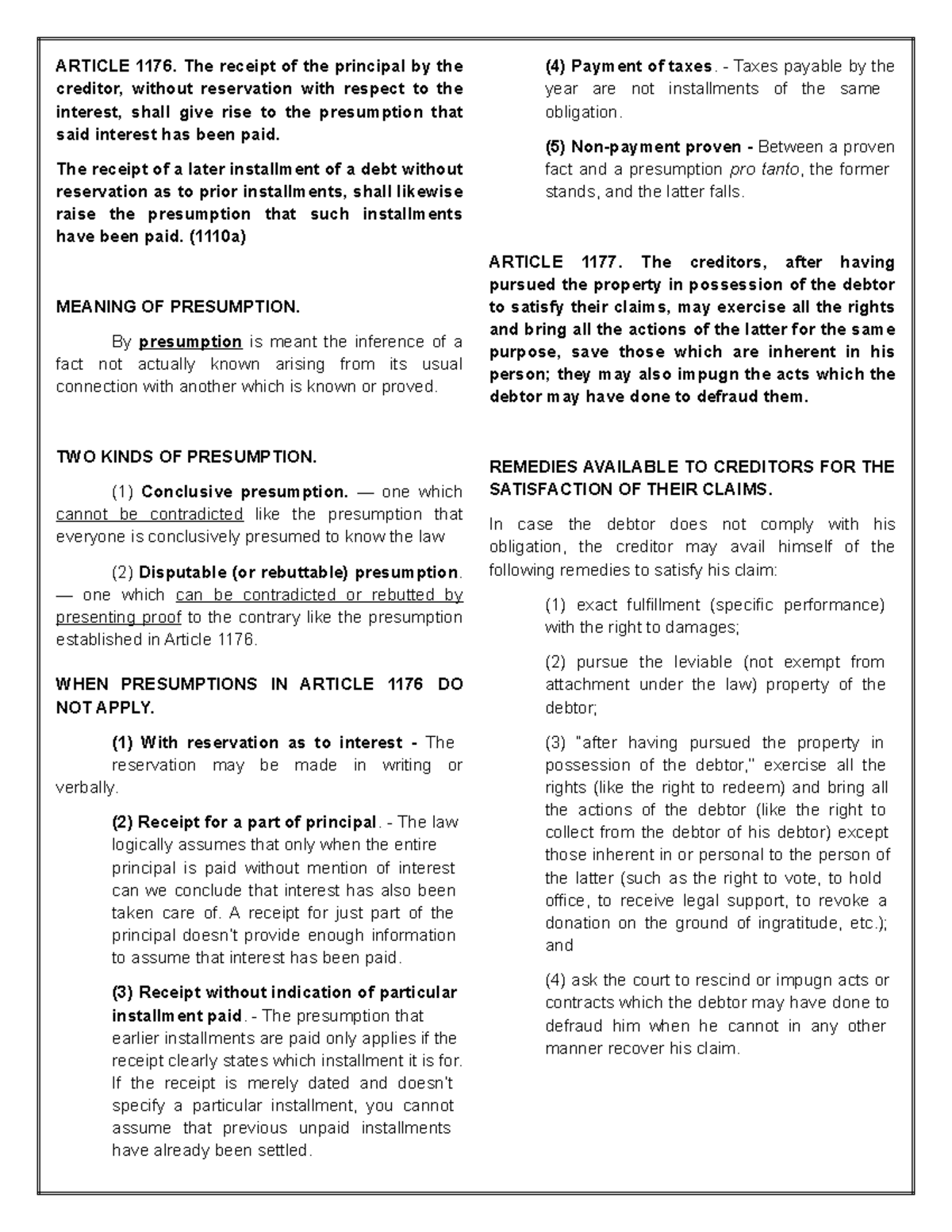 Oblicon Article 1176-1178 - ARTICLE 1176. The receipt of the principal ...