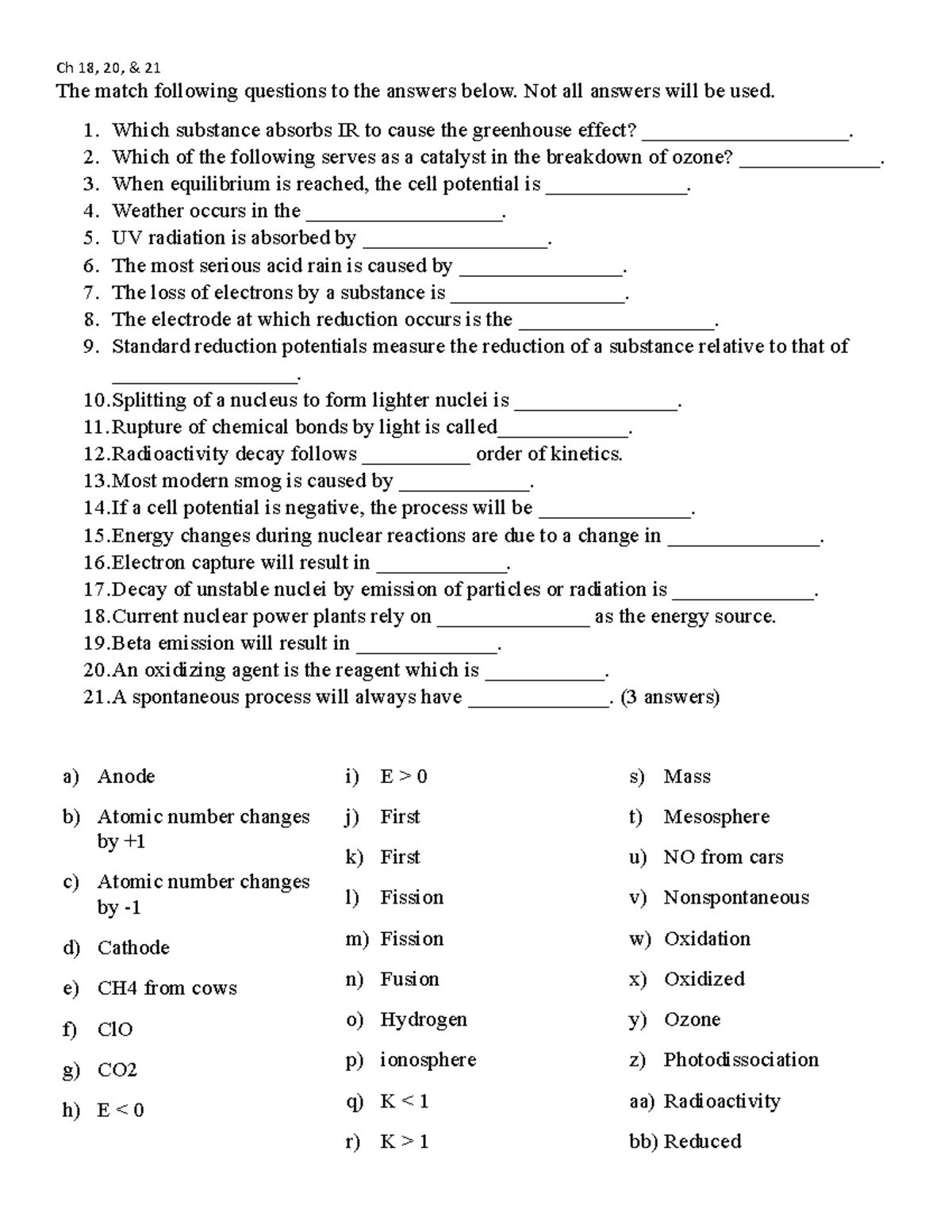Ch 18, 20, 21 - Ch 18, 20, & 21 The match following questions to the ...