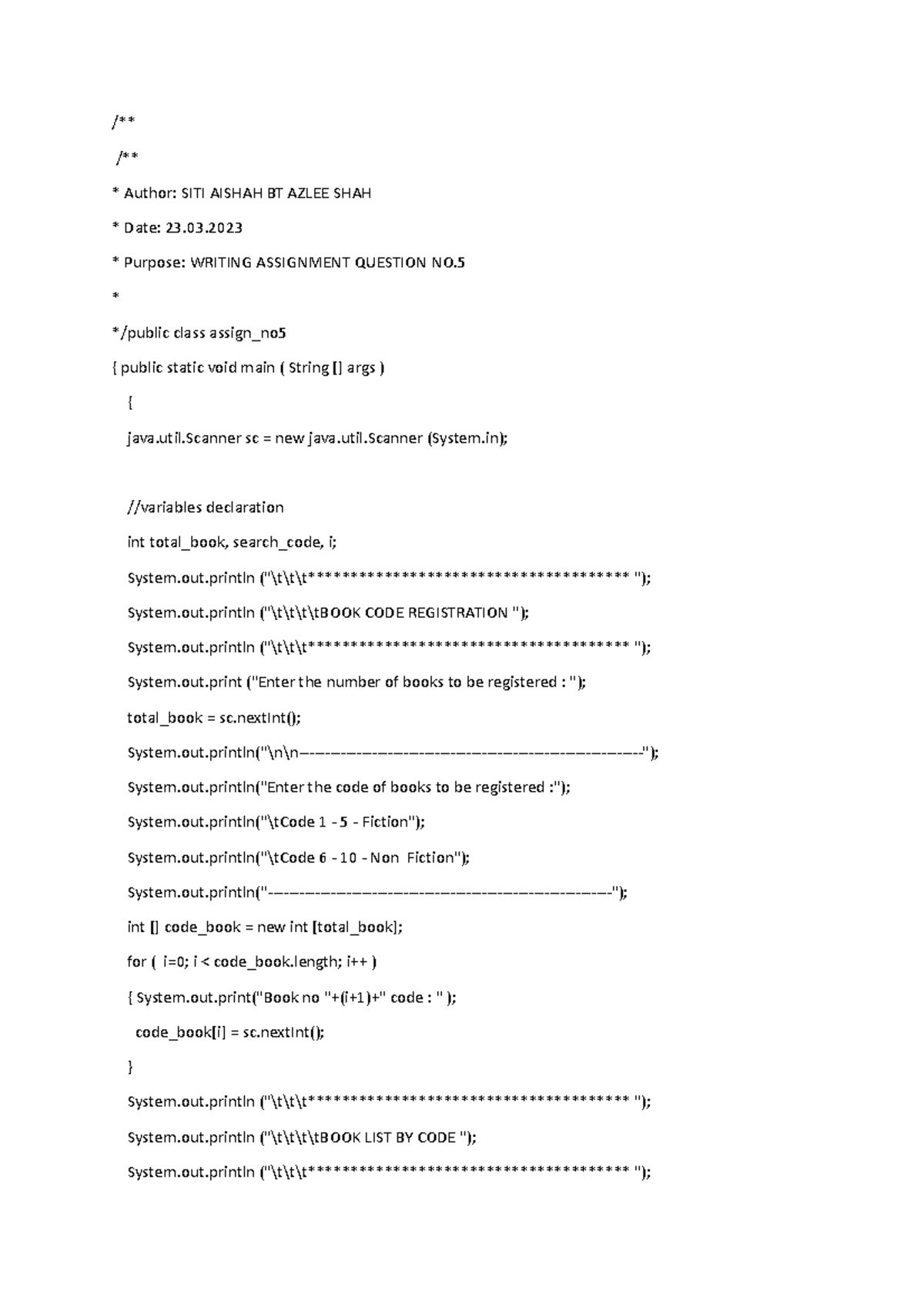 Assignment sc - /** /** Author: SITI AISHAH BT AZLEE SHAH Date: 23 ...