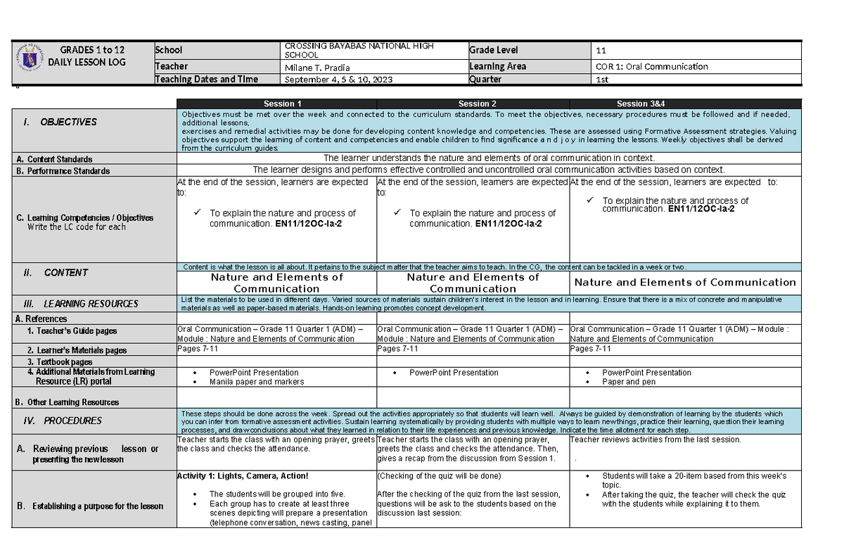 DLL-COR-1-WEEK-1 Final - GRADES 1 to 12 DAILY LESSON LOG School ...