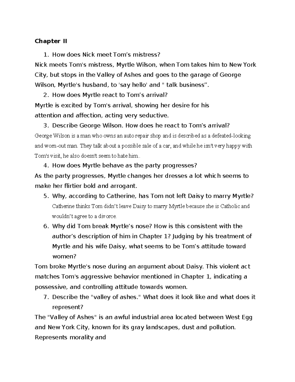 Chapters 2 and 3 questions - Chapter II 1. How does Nick meet Tom’s ...