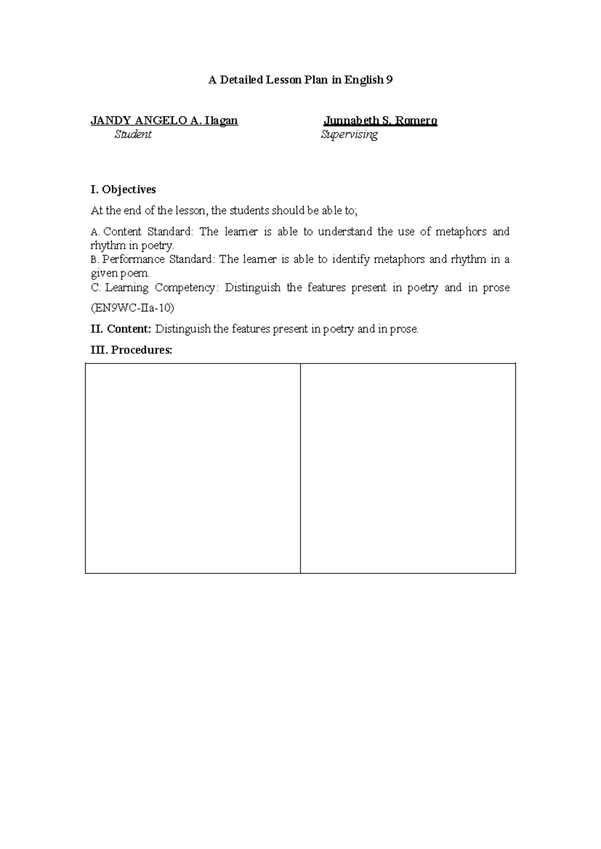 MAM JU- Lesson PLAN - thank you - A Detailed Lesson Plan in English 9 ...