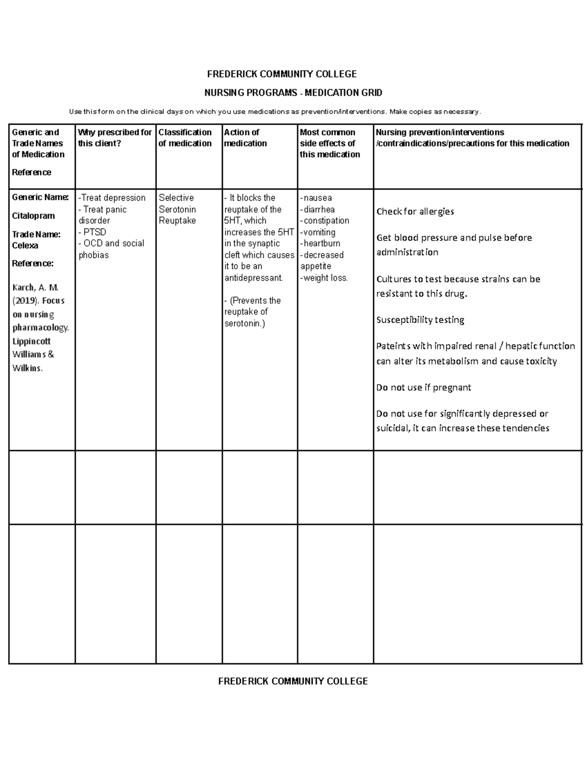 Citalopram Med grid #1 - FREDERICK COMMUNITY COLLEGE NURSING PROGRAMS ...