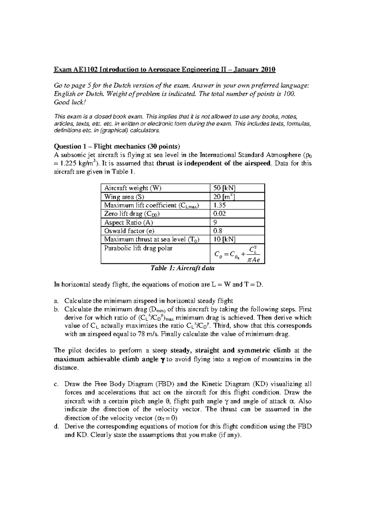 Exam AE1102 Introduction to Aerospace Engineering II - January 2010 ...