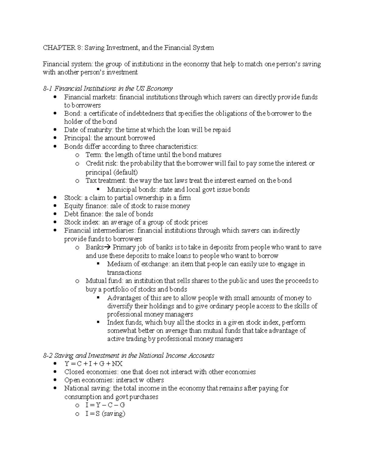 Ch 8 - Ch 8 - CHAPTER 8: Saving Investment, and the Financial System ...