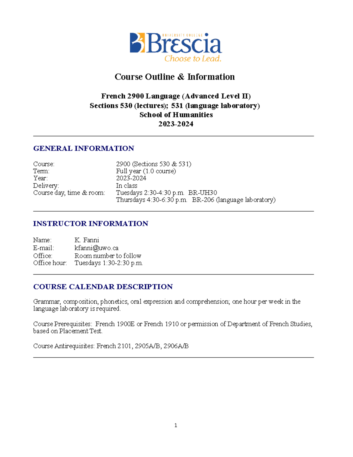 Course Description and syllabus French 2900 530 and 531 2023-2024 2 ...