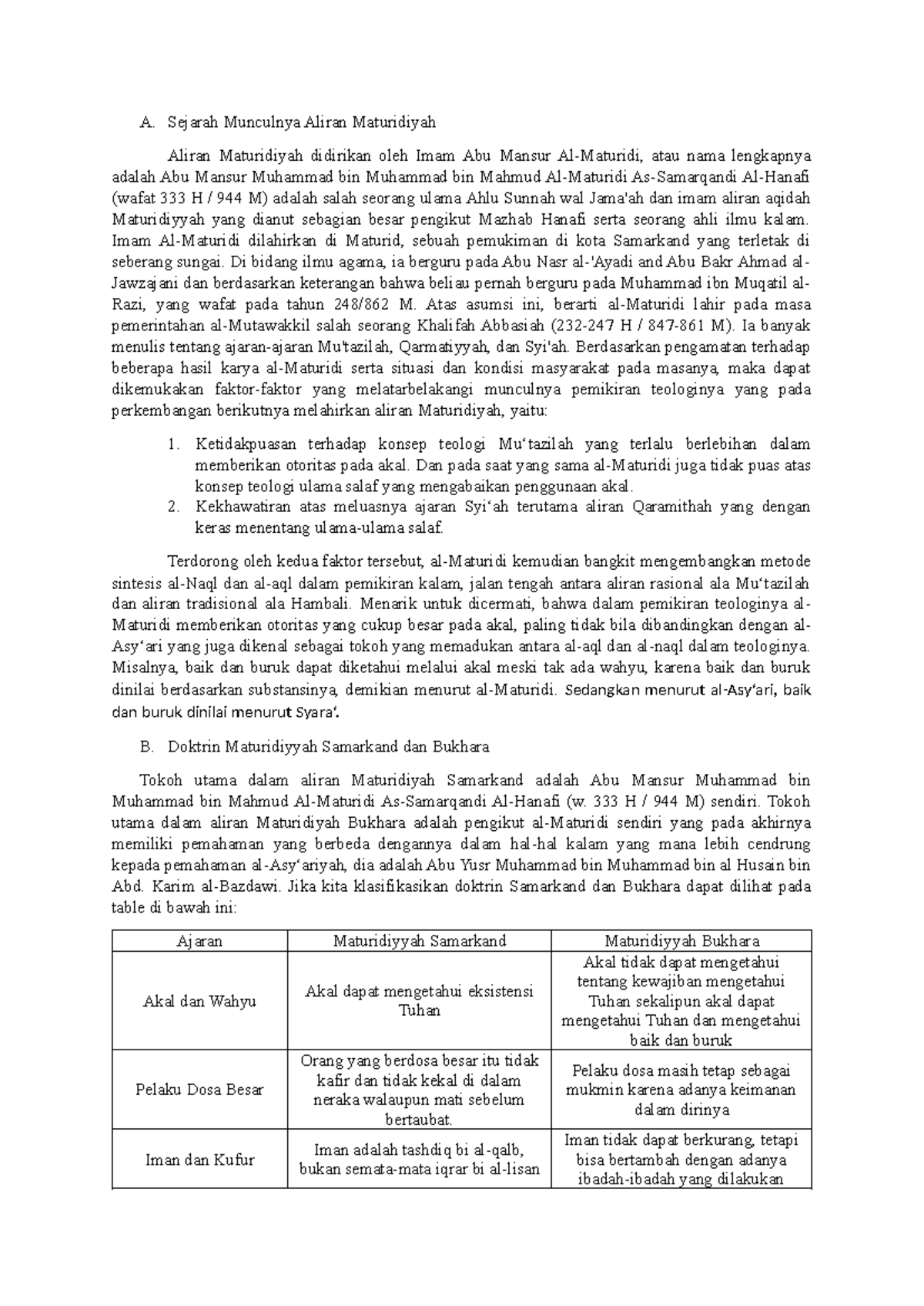 Sejarah Munculnya Aliran Maturidiyah - A. Sejarah Munculnya Aliran ...