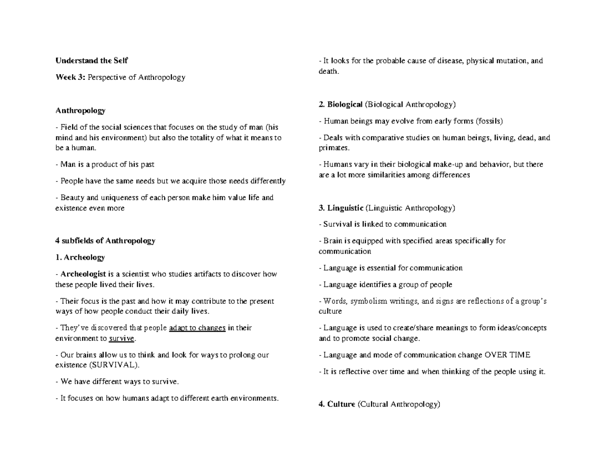 UTS (Week 3; Lecture) - Understand the Self Week 3: Perspective of Anthropology Anthropology ...