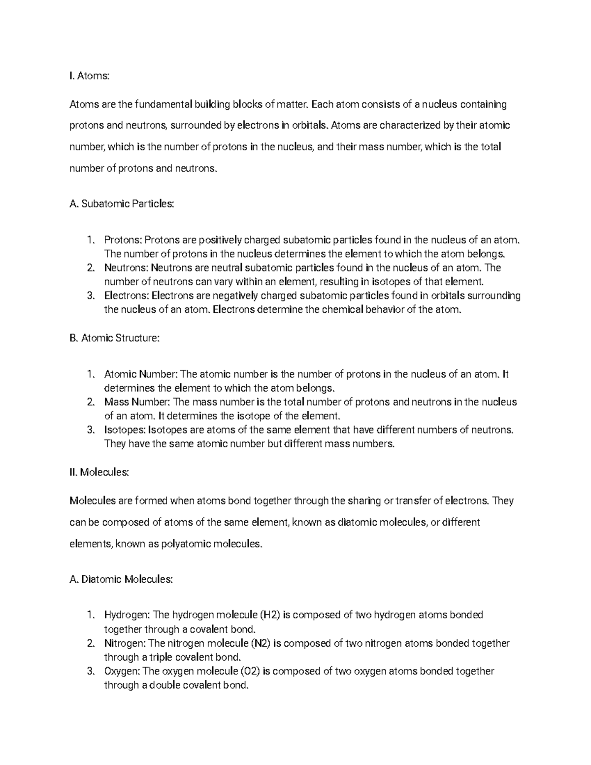101 Chem 1. Atoms and Molecules - I. Atoms: Atoms are the fundamental ...