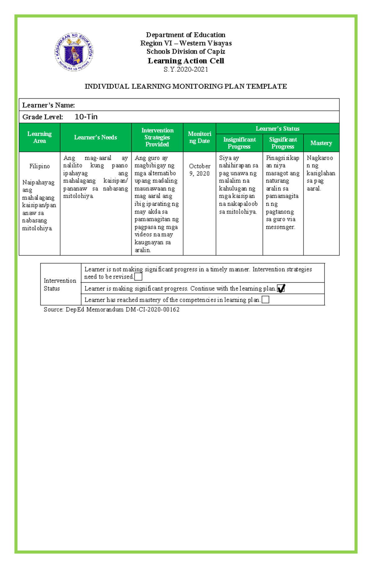 G10-Individual learning monitoring plan - Department of Education ...