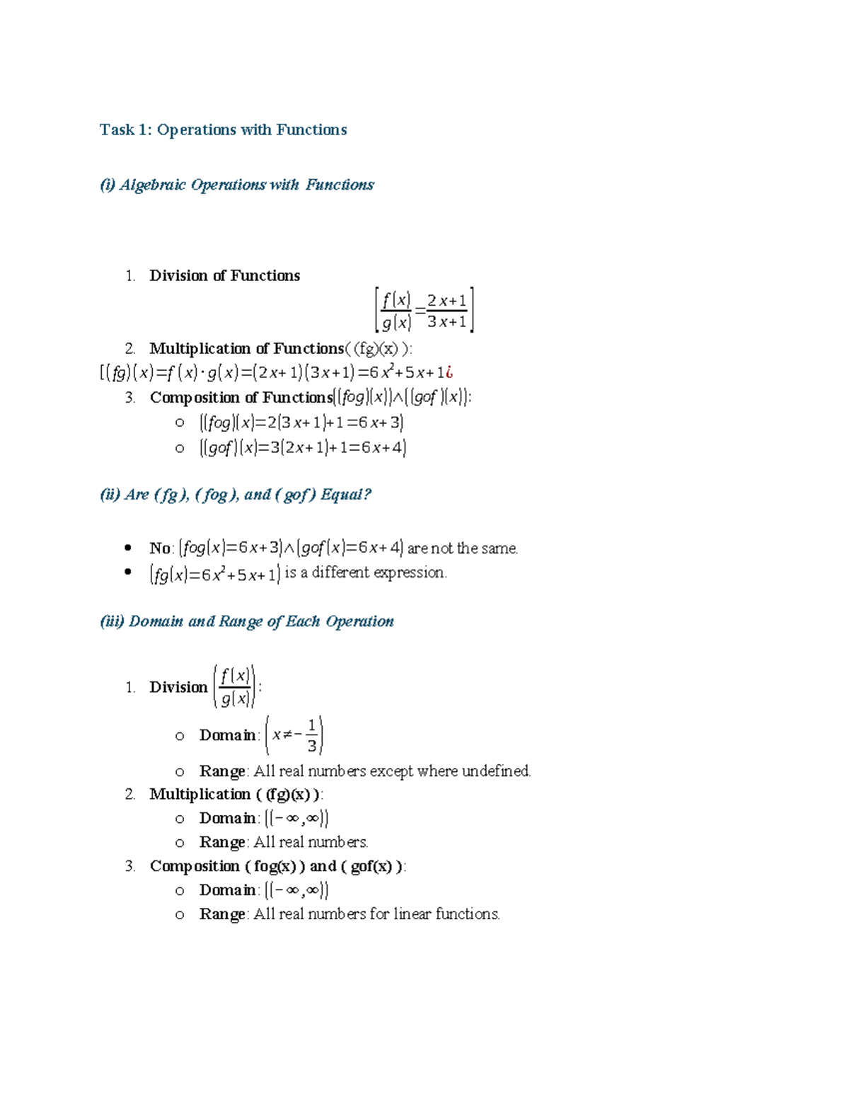 Assignment Unit 2 - N/A - Task 1: Operations with Functions (i) Algebraic Operations with ...
