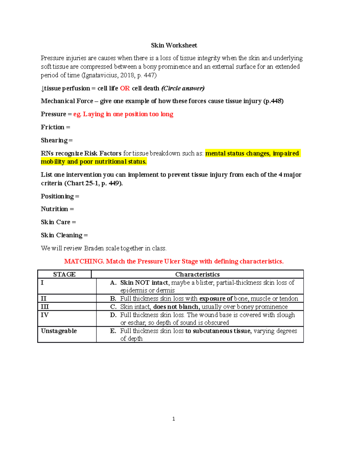 Skin plus EEOC Worksheet - Skin Worksheet Pressure injuries are causes ...