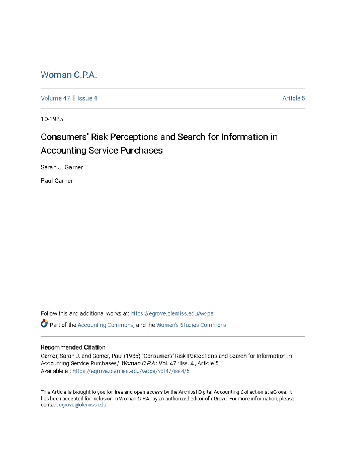 Consumers Risk Perceptions and Search for Information in Accounting ...
