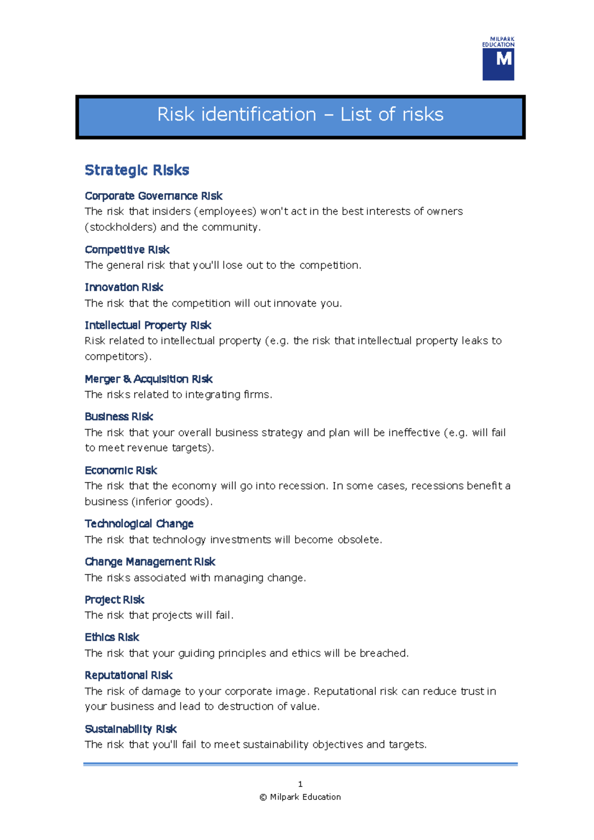 Risk Identification - list of risks - 1 Strategic Risks Corporate ...