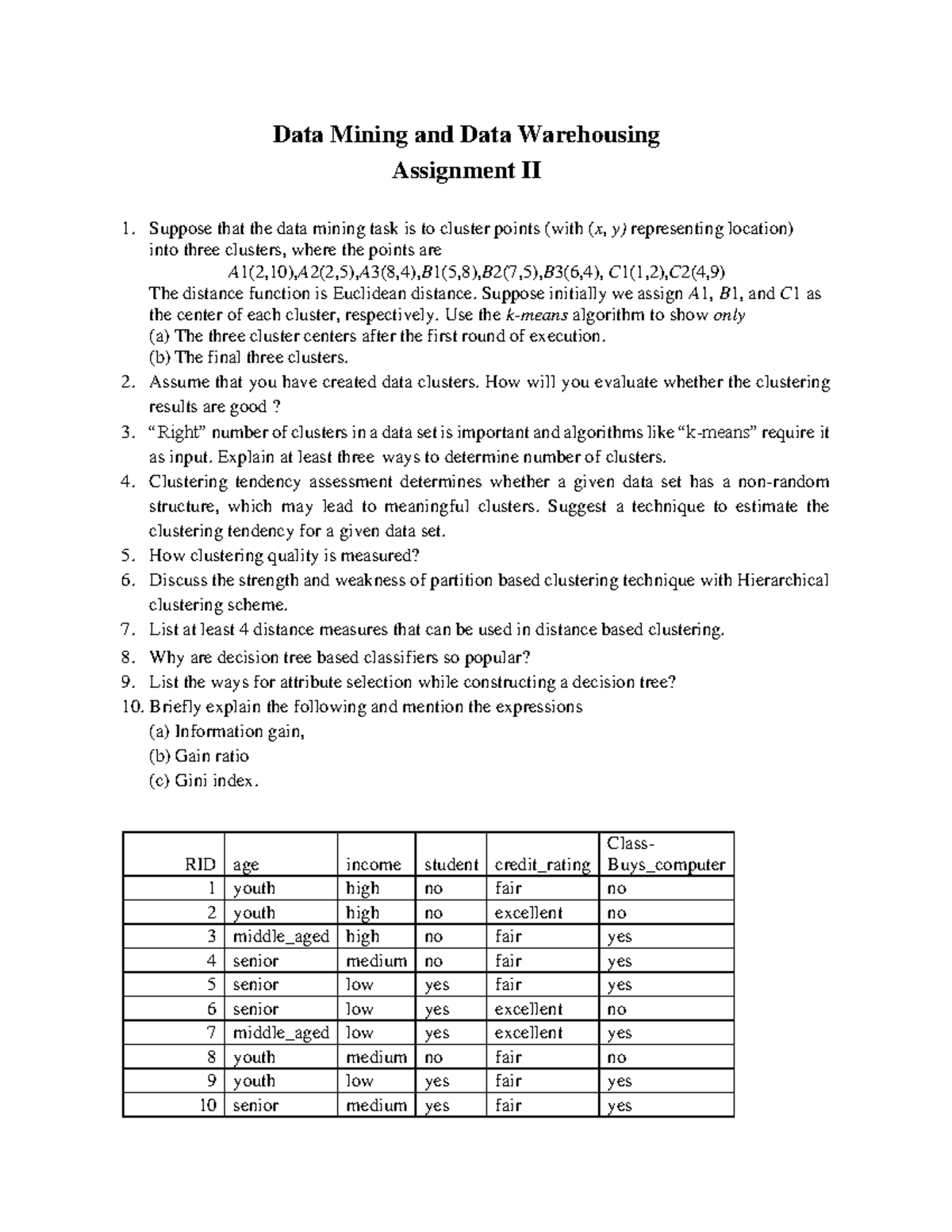 Assignment II - we help full - Data Mining and Data Warehousing Assignment II Suppose that the ...