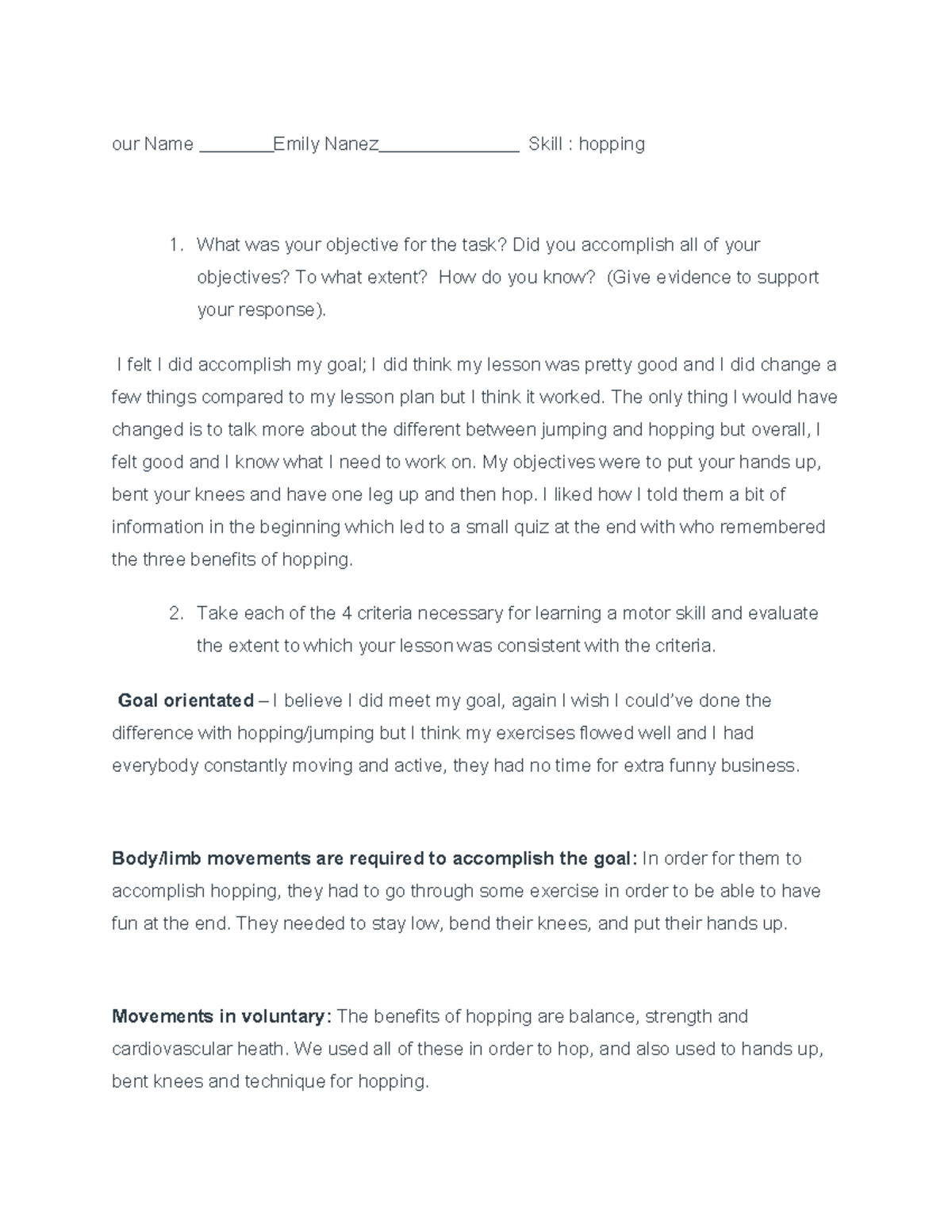 Paper 2 - Lesson Plan - our Name Emily Nanez_______ Skill : hopping ...