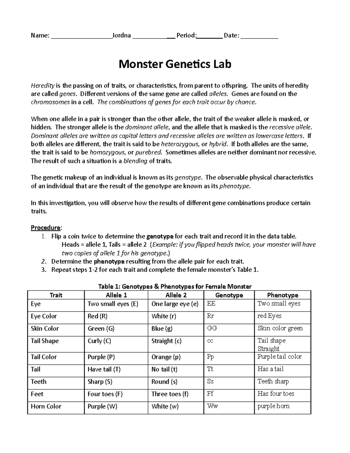 Monstergeneticslab-1 - Name: __________________Jordna __________ Period ...